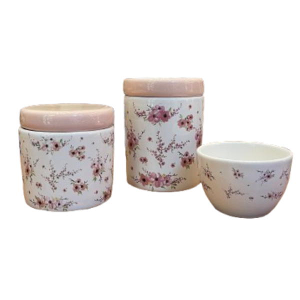 Kit Potes de Higiene Cerâmica - Cerejeira Tampa Rosa - La Chambre
